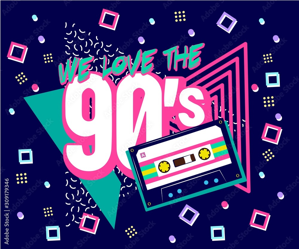 Retro party poster. Music of the nineties, vintage cassette tape and ...