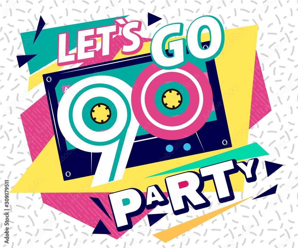 Retro party poster. Music of the nineties, vintage cassette tape and ...