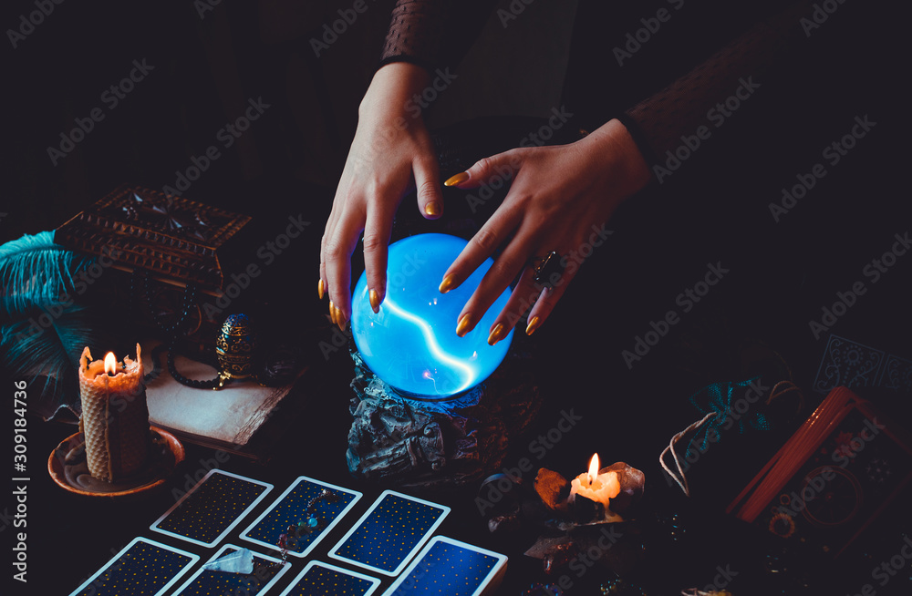 Tarot cards and crystal ball, candles, witch magic bottles . Wicca ...