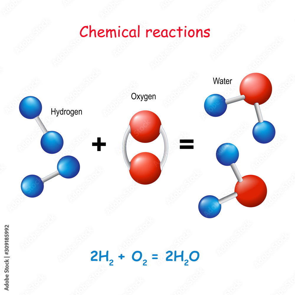Water molecule. Reaction of Hydrogen and Oxygen in New compounds Stock ... Water molecule. Reaction of Hydrogen and Oxygen in New compounds Stock ...