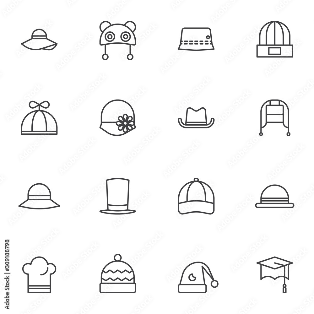 Hats line icons set. Headdress linear style symbols collection, outline ...