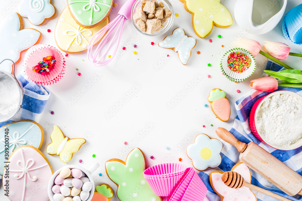 Sweet Easter baking cooking background with traditional Easter bunny ...