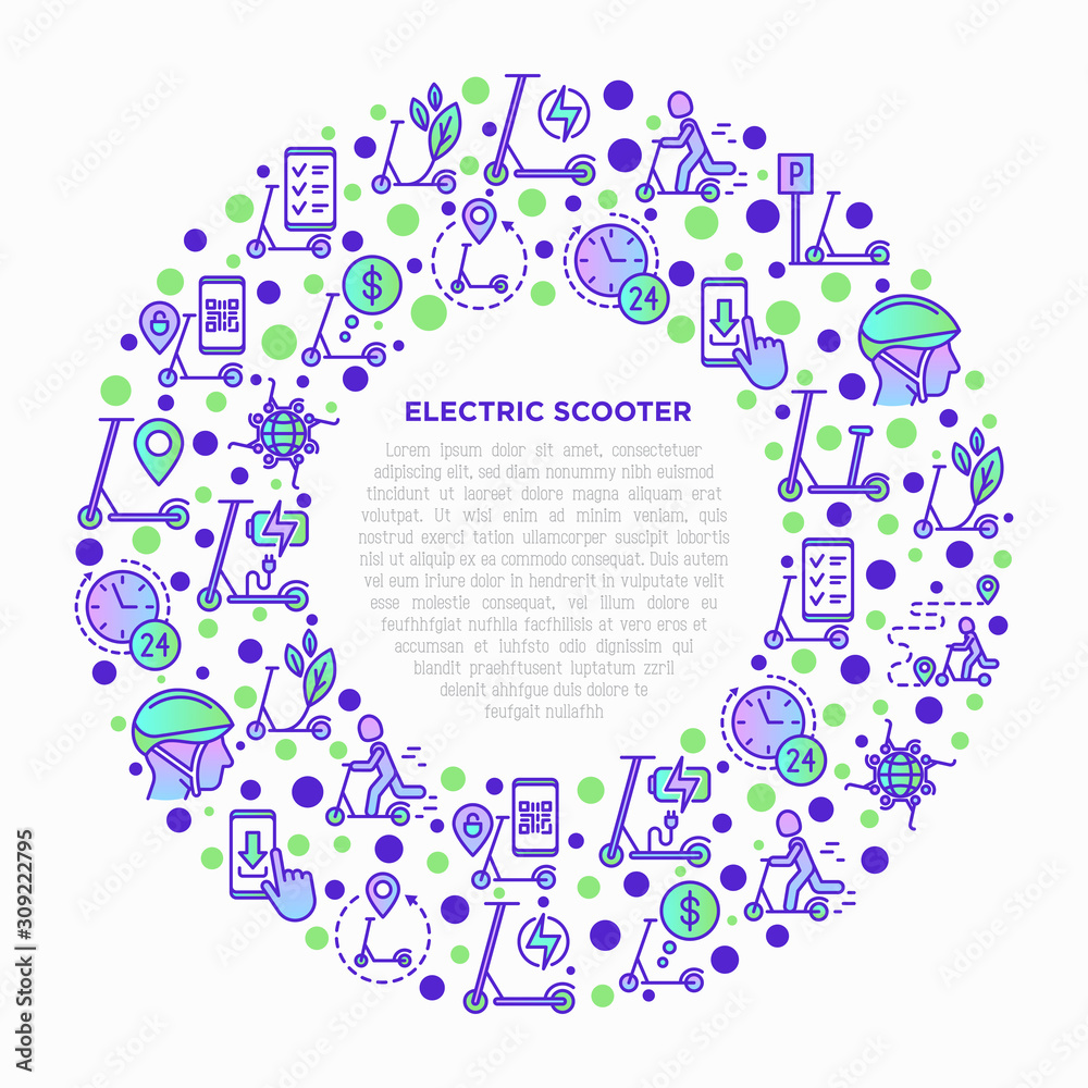 Electric scooter concept in circle thin line icons: sharing service ...