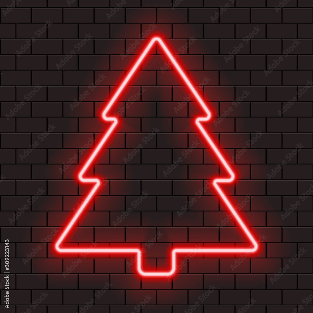 Bright red neon frame in shape of christmas tree for banner or sign ...