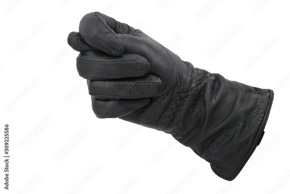 Hand in black leather glove makes a fico, shows a fig gesture, isolated ...