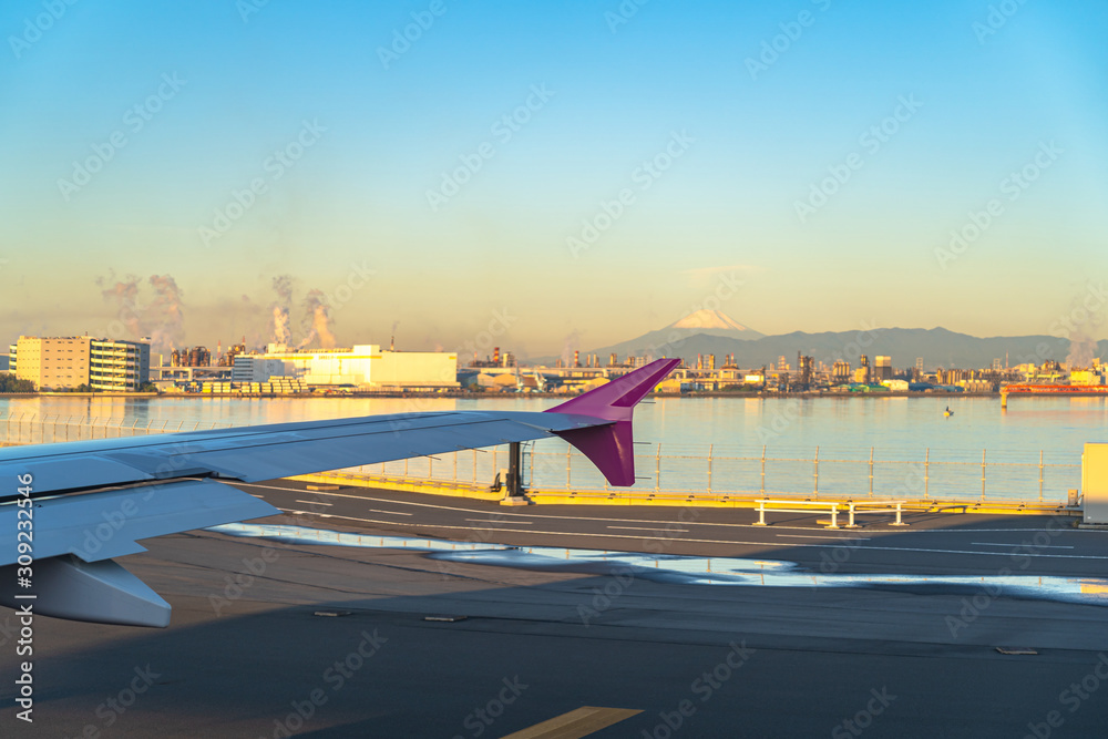 Tokyo Haneda International Airport runway in the sunrise time. Near the ...