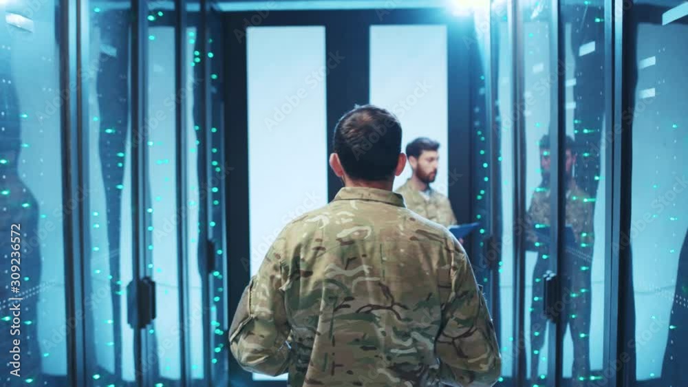 Following a military man in uniform walking through digital room of ...