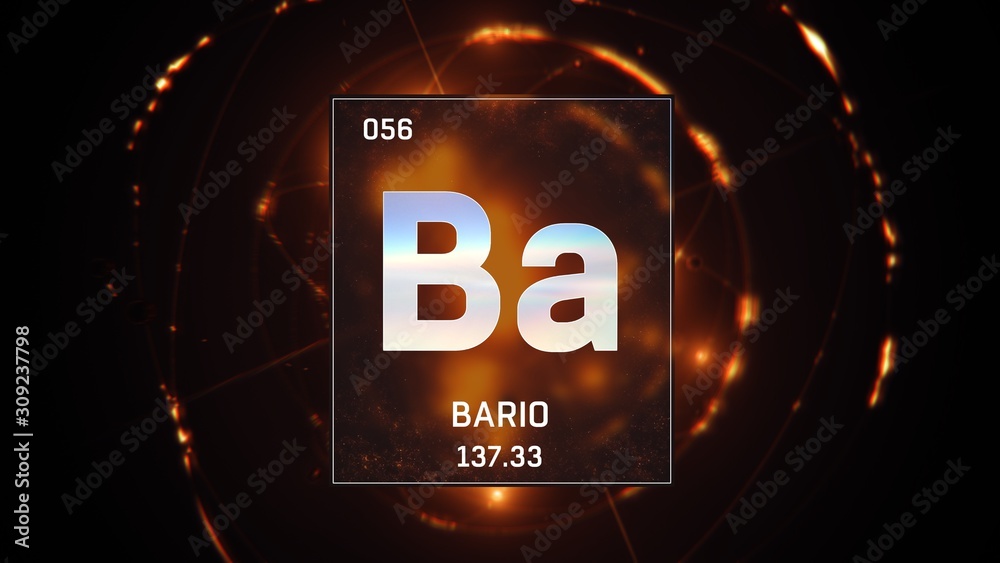 3D illustration of Barium as Element 56 of the Periodic Table. Orange ...