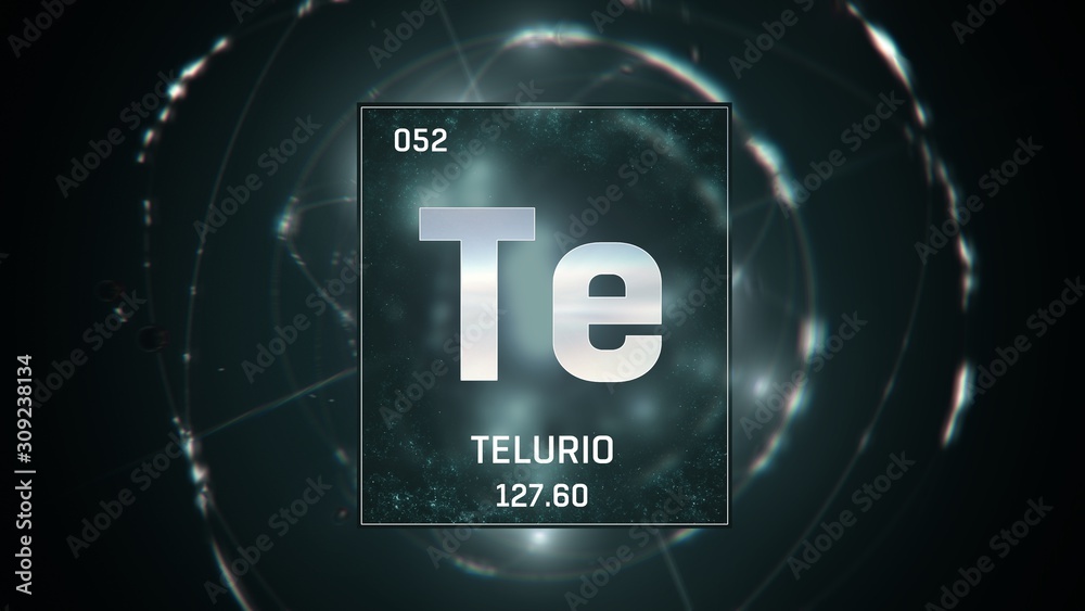 3D illustration of Tellurium as Element 52 of the Periodic Table. Green ...