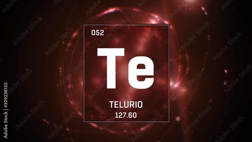 3D illustration of Tellurium as Element 52 of the Periodic Table. Red ...