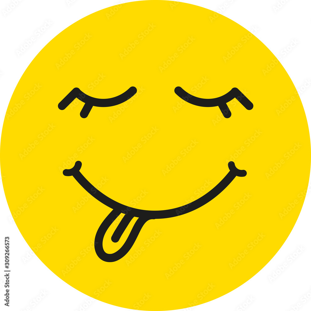 Pleased happy smile, joyful smile shows tongue. Emoji face eat with ...