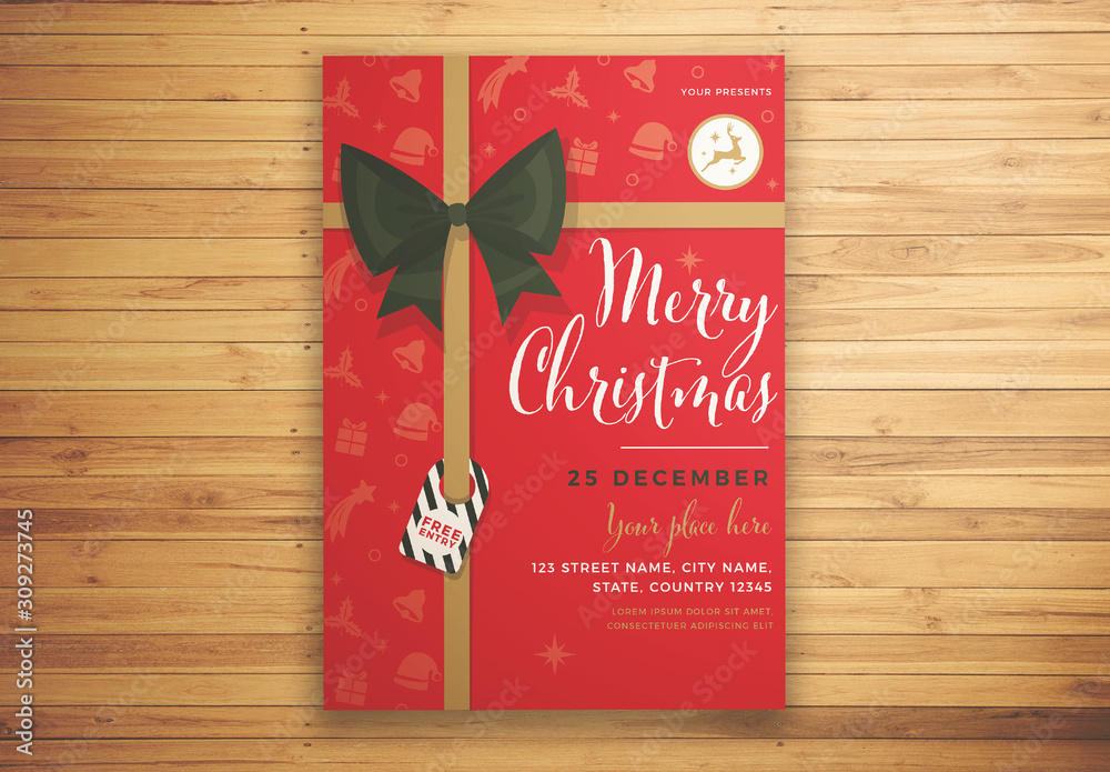 Christmas Event Invitation Flyer Layout with Ribbon Elements and Icons ...
