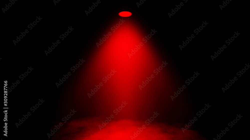 Spotlight stage with smoke on black background. Red light projector ...