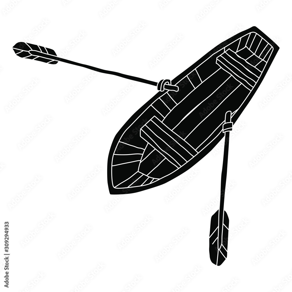 Isolated vector illustration. Rowing boat with two paddles. Top view ...