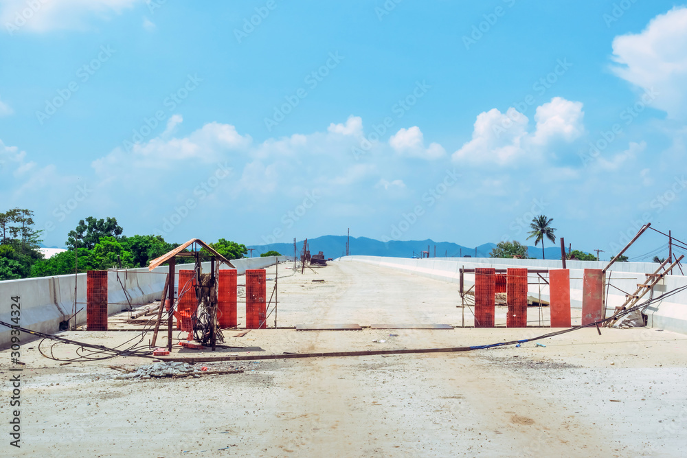 Unfinished of construction of the large concrete bridge of the motorway ...