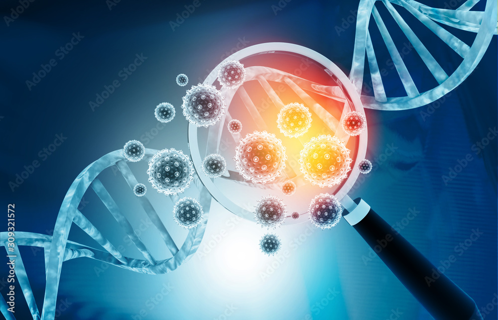 DNA and virus cells with magnifying glass. 3d illustration. Stock ...