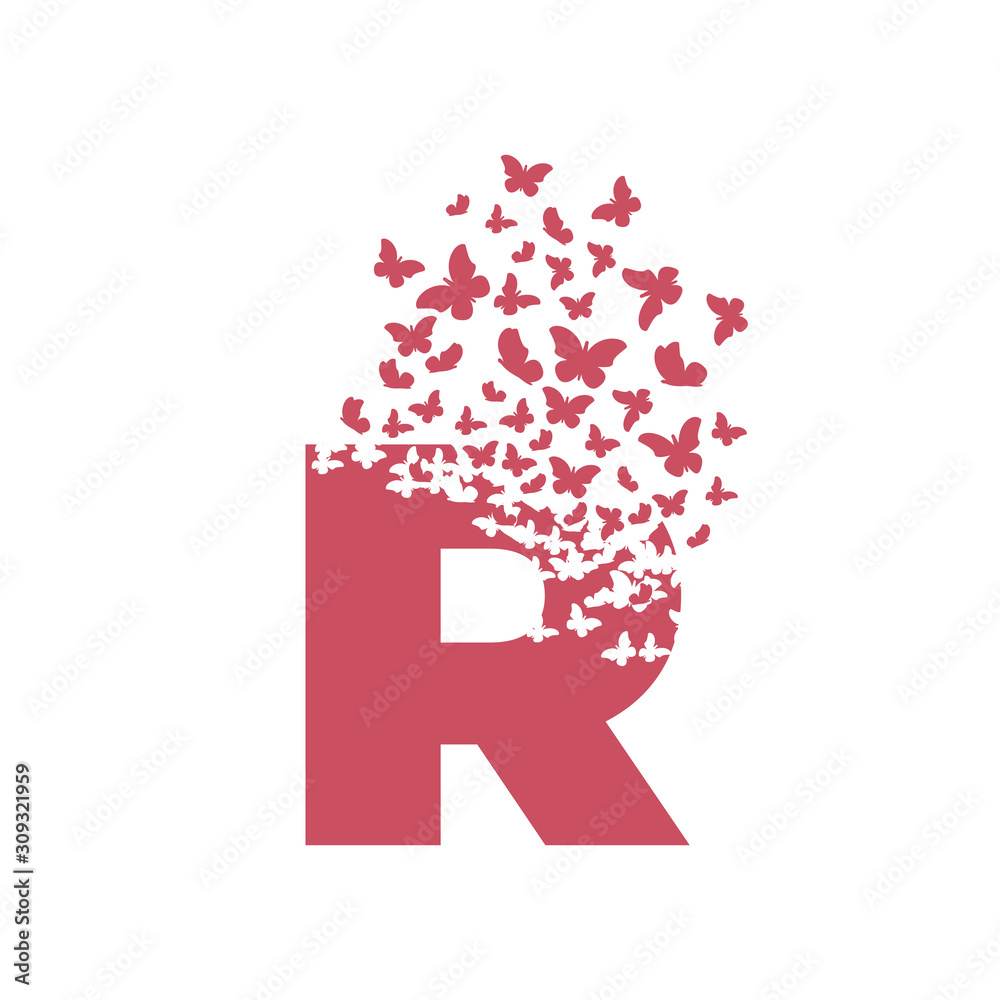 letter R with effect of destruction. Dispersion. Butterfly, moth Stock ...