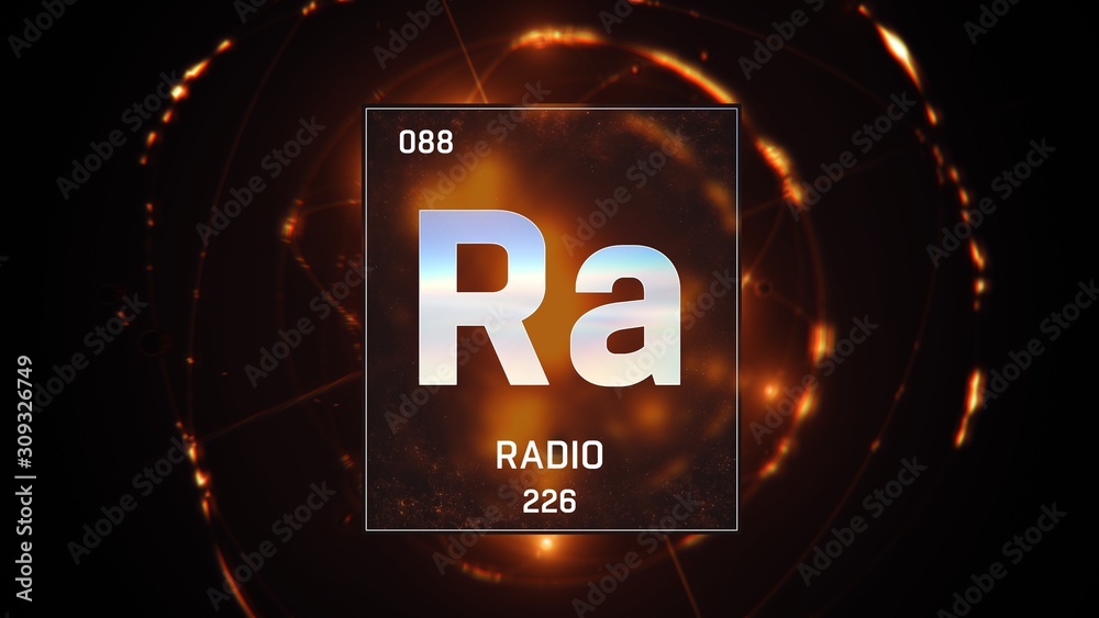 3D illustration of Radium as Element 88 of the Periodic Table. Orange ...