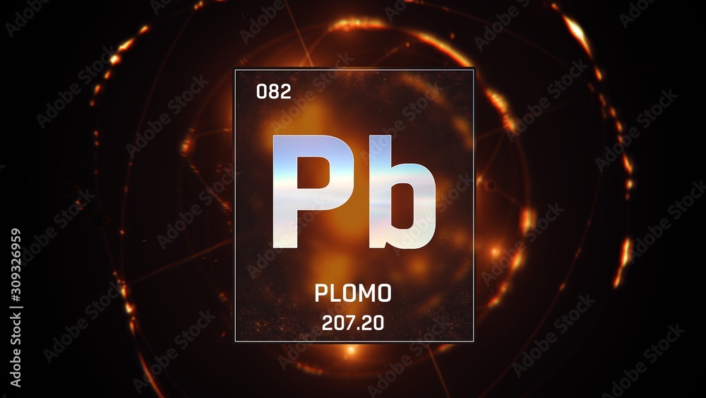 3D illustration of Lead as Element 82 of the Periodic Table. Orange ...