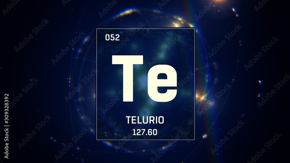 3D illustration of Tellurium as Element 52 of the Periodic Table. Blue ...