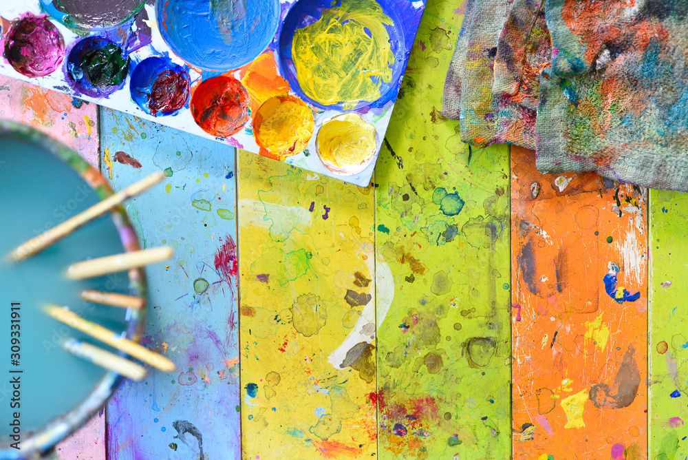 Photo & Art Print Used acrylic-color palette, rag, metal bucket and ...