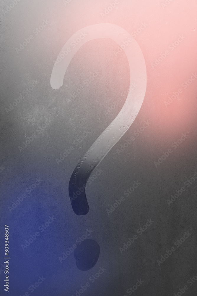Inscription question mark on the sweaty glass. question mark drawn on a ...