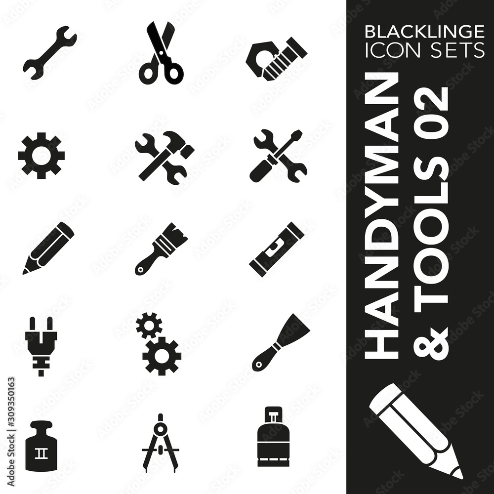 High quality black and white icons of handyman and tools. Blacklinge ...