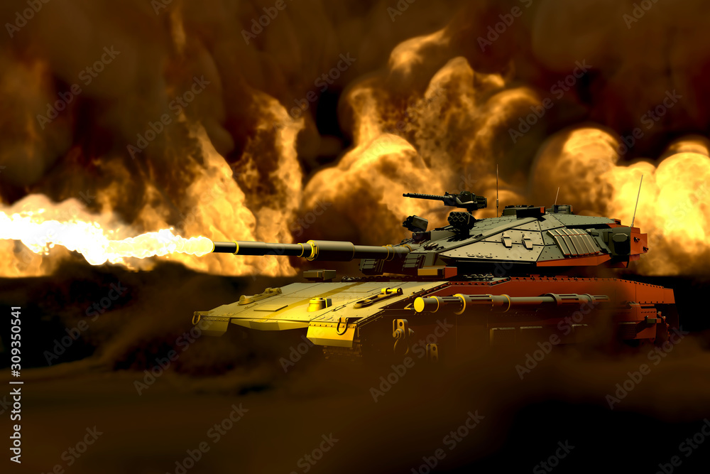 forest colored modern tank with fictional design in combat shoots with ...