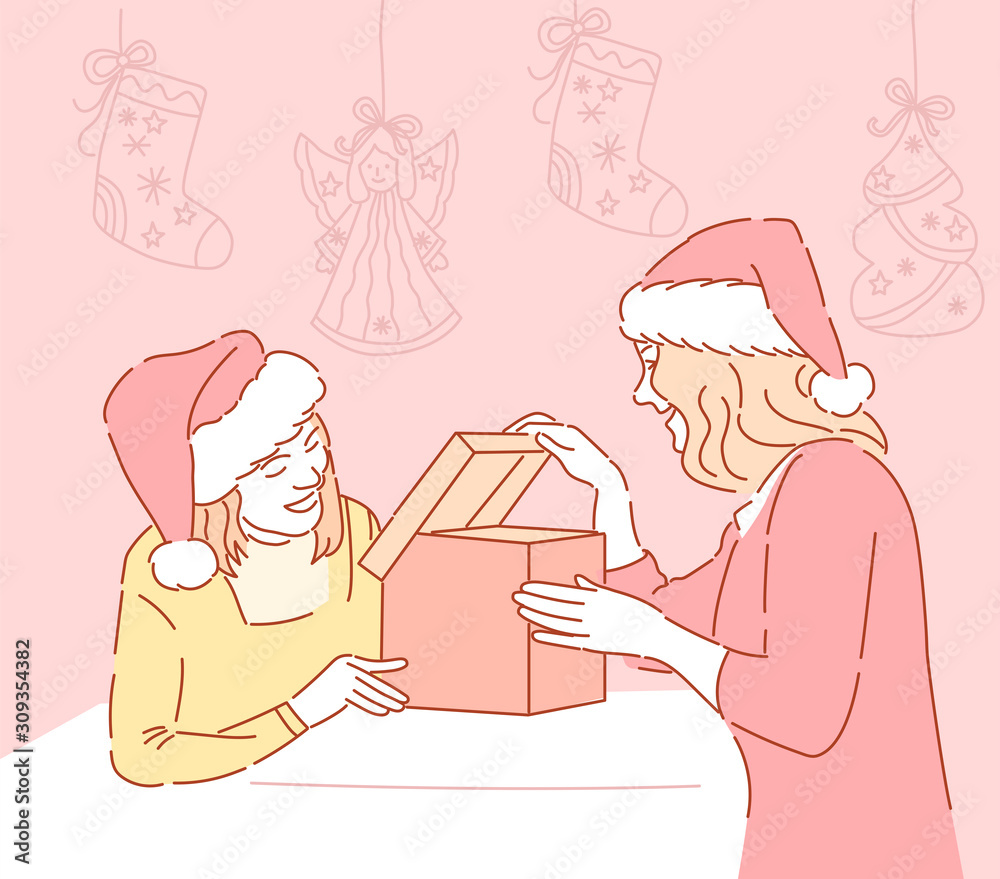 Cute cartoon girl presenting gift, Christmas illustration. Cute excited ...