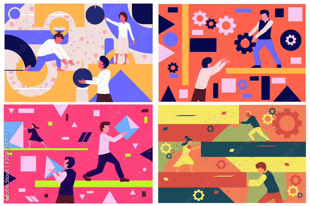 Teamwork flat vector illustration. Coworkers characters communication ...