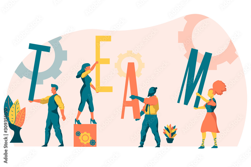 Teamwork flat illustrations set. Coworkers characters communication ...