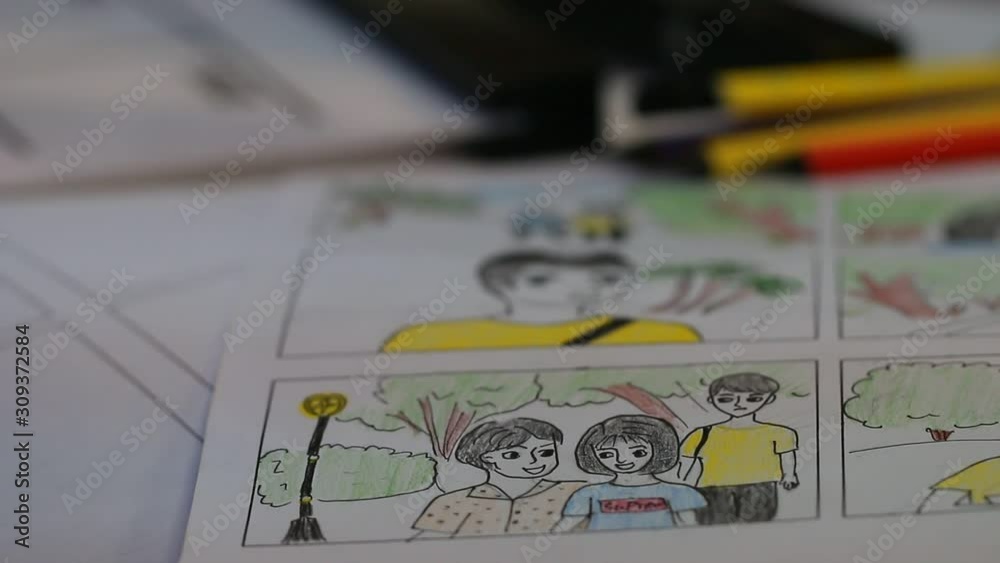 Video Pre-production for film movie storyboard concept : Color pencil ...