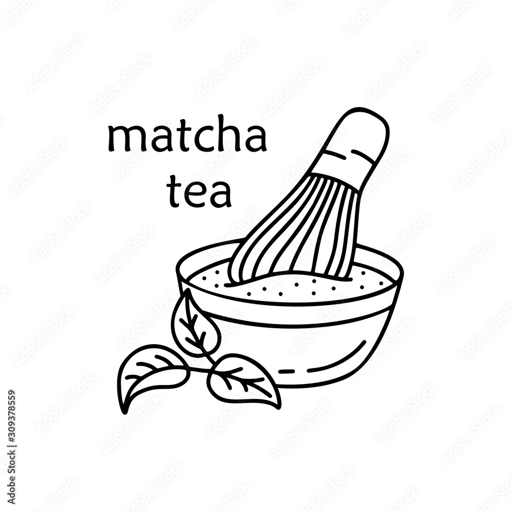 Matcha. Contour cartoon bowl with whisk, tea leaves and text. Doodle ...