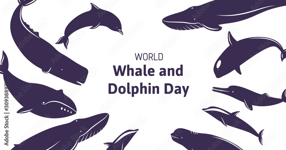 Festive banner with text World Whale and Dolphin Day. Icons of sea ...