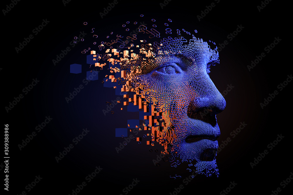 Abstract digital human face. Artificial intelligence concept of big ...