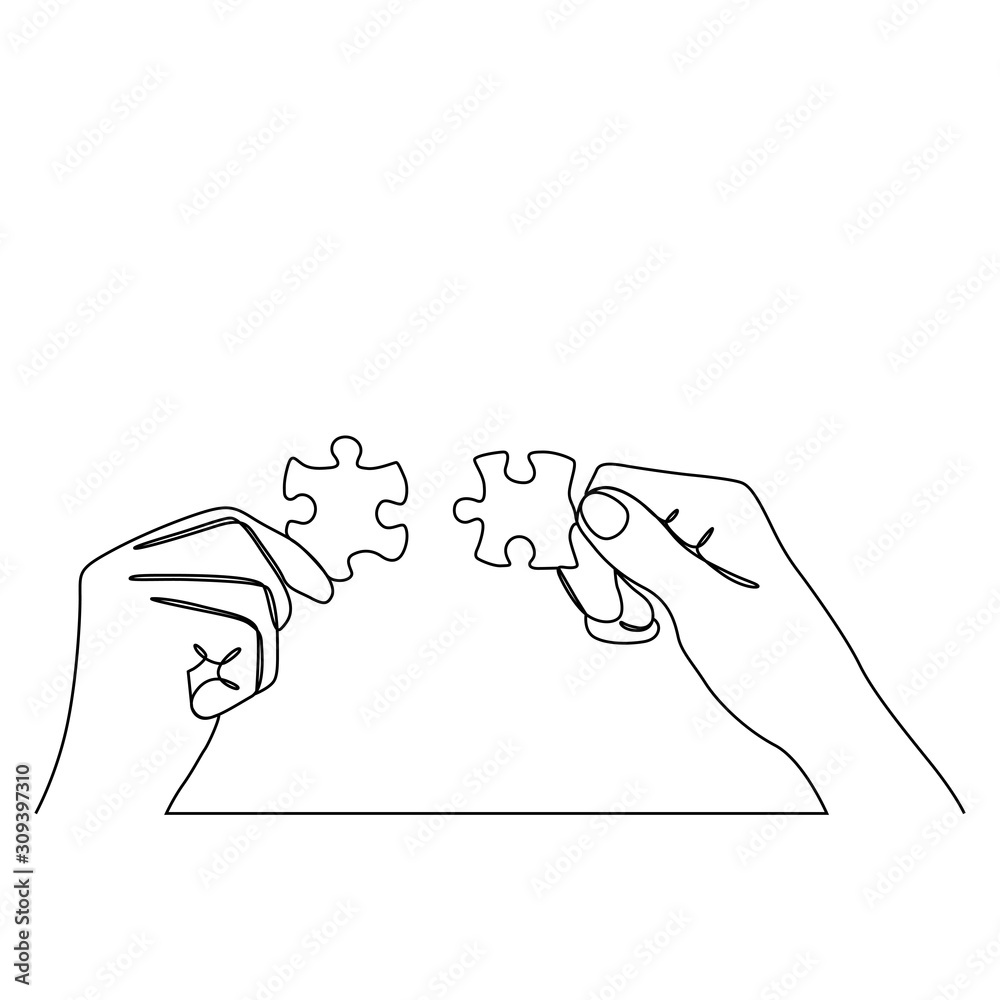 continuous line drawing of hands solving puzzle vector illustration ...