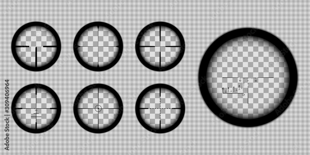 A look through sniper or hunting rifle scope with various reticles, set ...