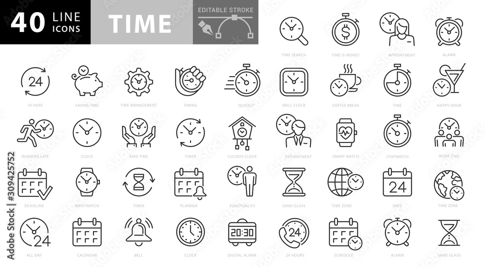 Simple Set of Time Related Vector Line Icons. Contains such Icons as ...