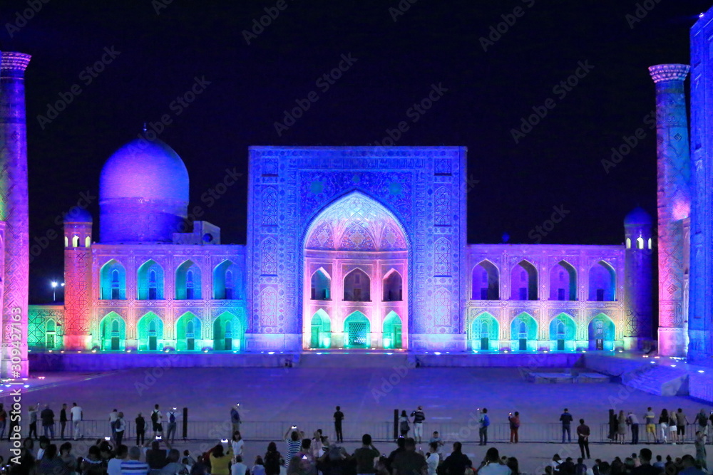 Samarkand, Uzbekistan at night: Beautiful Historic Registan Square at ...