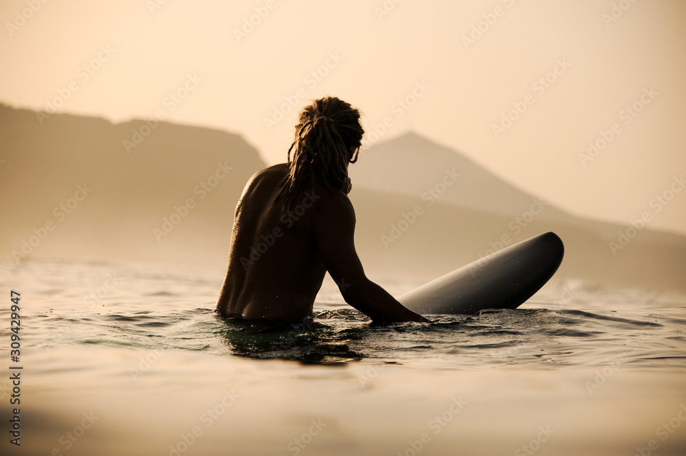 Silhouette of shirtless surfer in the waters Stock Photo | Adobe Stock