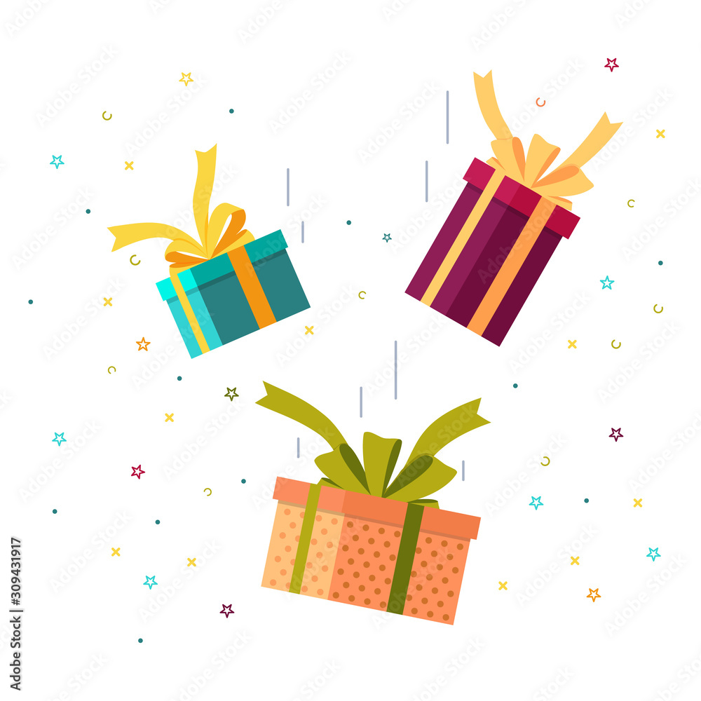 Falling gift with bows and firework. Falling down surprise box for ...