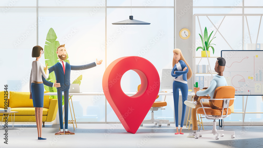 global tracking concept with team people. 3d illustration. Cartoon ...