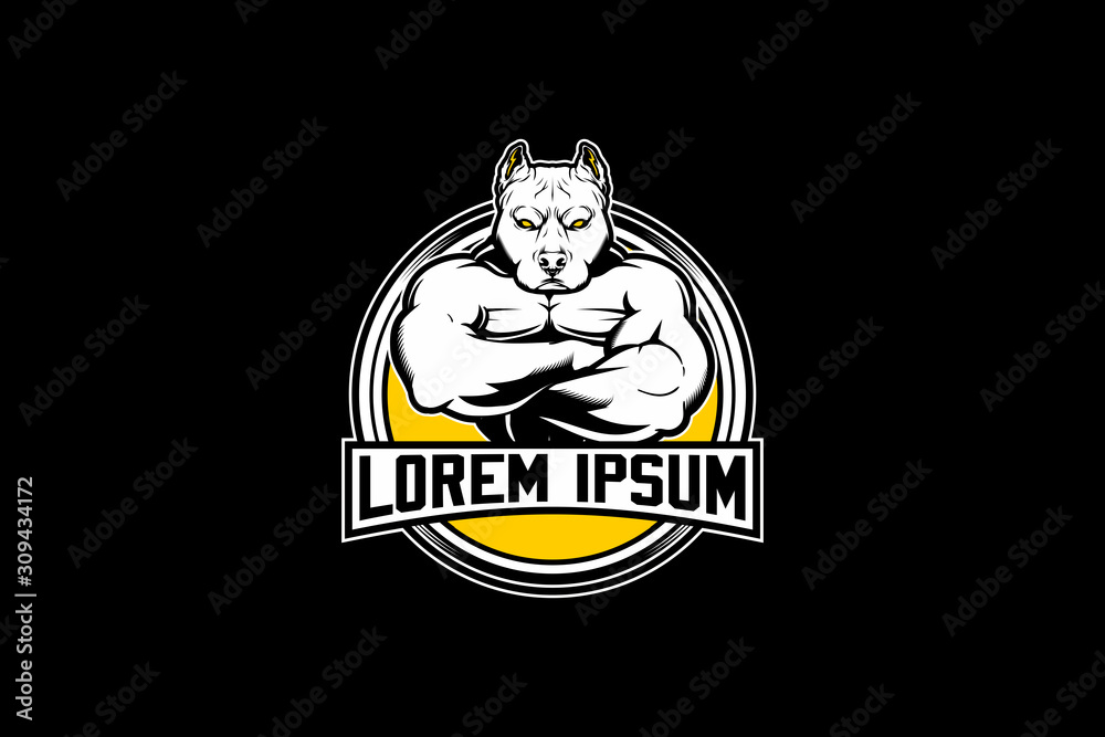 pitbull dog with male muscle body building cartoon character logo ...
