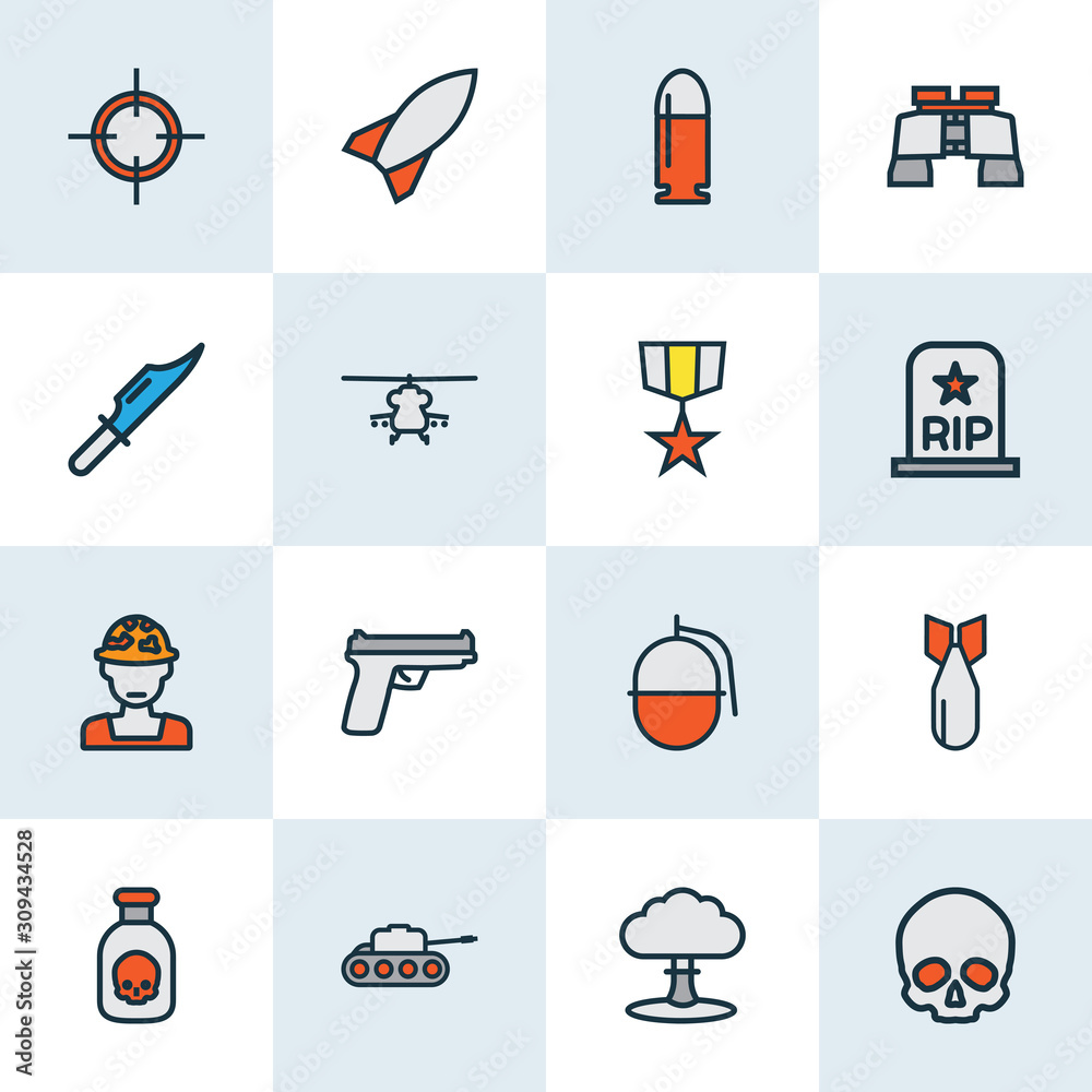 Army icons colored line set with skull, gun, military rocket and other ...
