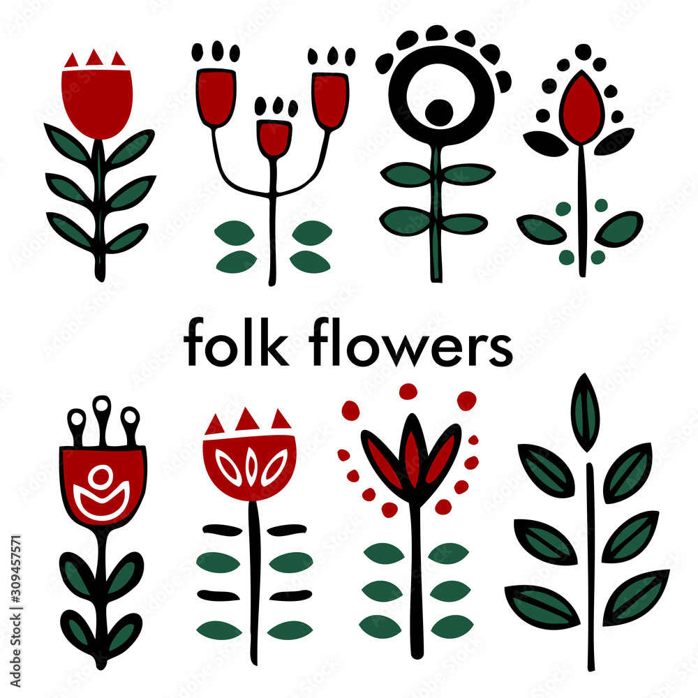 Finnish inspired long folk flowers set. Nordic, Scandinavian style ...