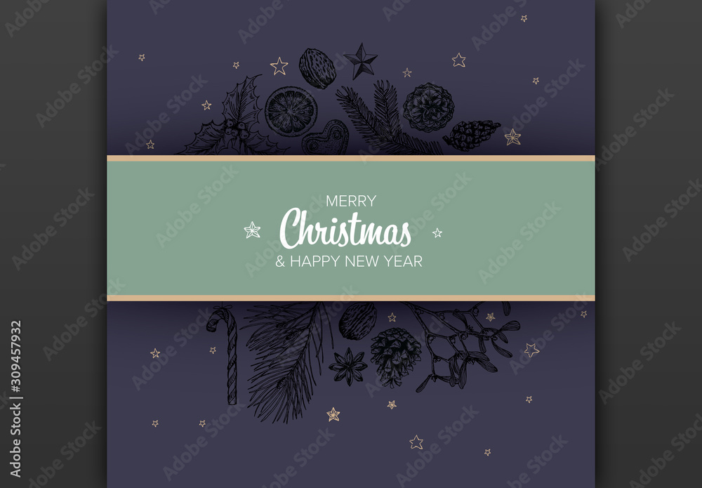 Square Christmas Card Layout with Illustrated Elements Stock Template ...