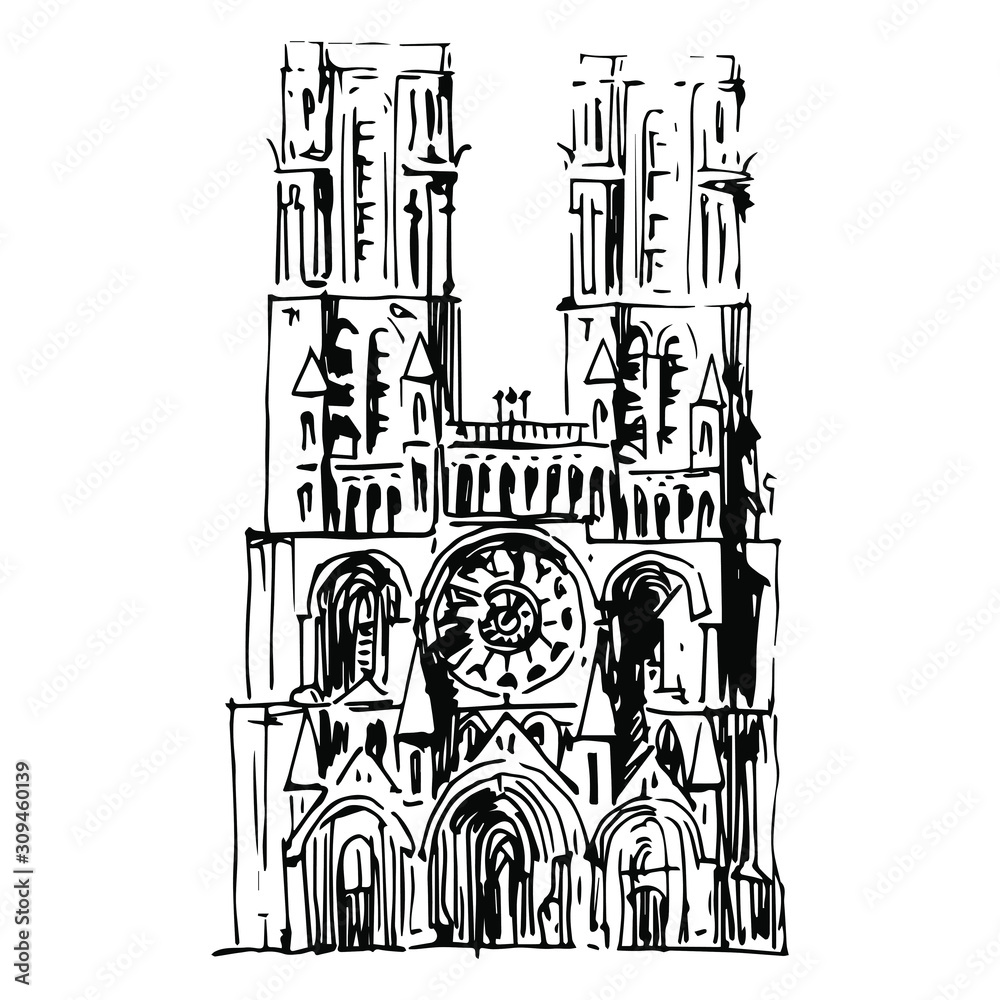 Isolated vector illustration. Facade of Laon Cathedral in France ...