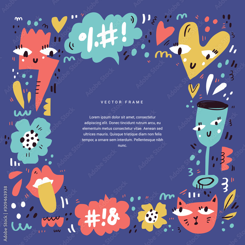 Childish banner with funny frame vector template. Creative birthday ...