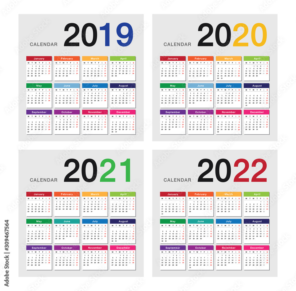 Year 2019 and Year 2020 and Year 2021 and Year 2022 calendar vector ...