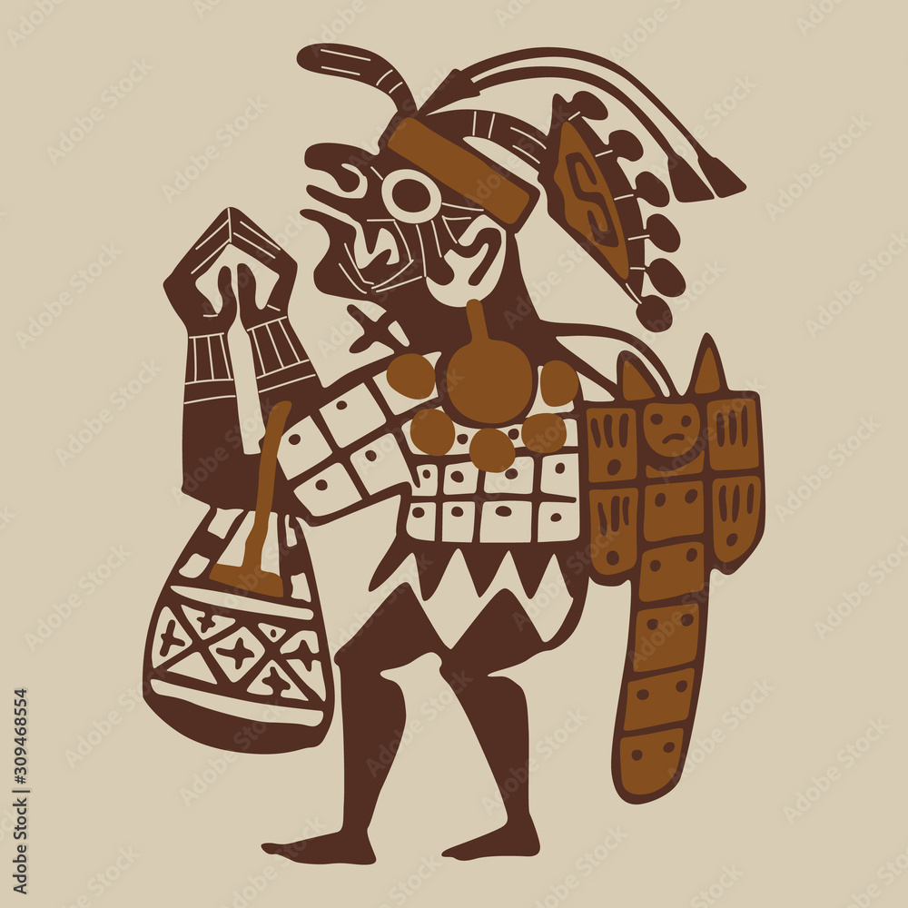 Silhouette of ancient Peruvian fantastic character. Praying Moche man ...